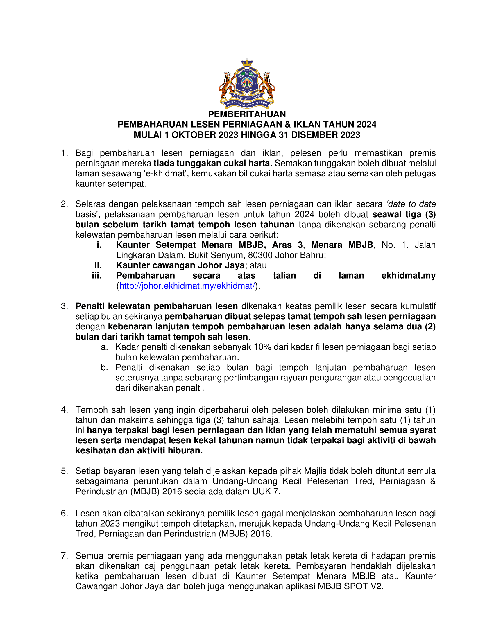 Pemberitahuan : Pembaharuan Lesen Perniagaan & Iklan Tahun 2024 Mulai 1 ...